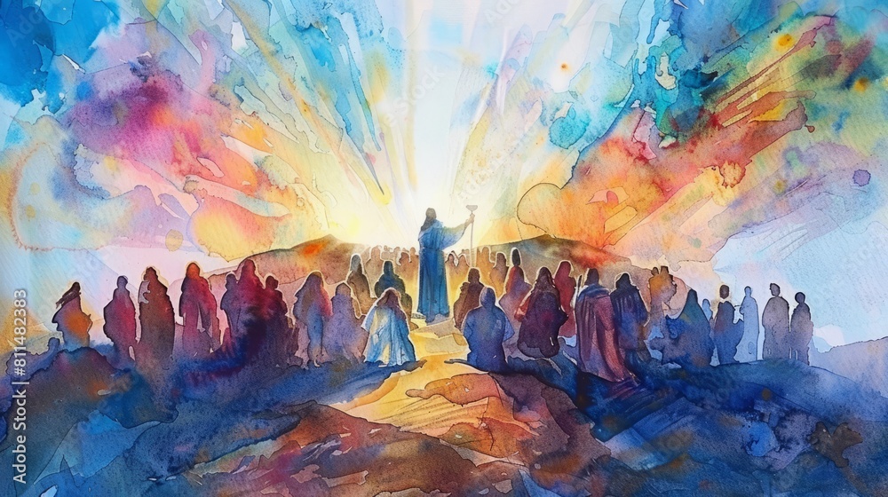 Ten Commandments with Moses receiving the tablets on Mount Sinai Stock ...