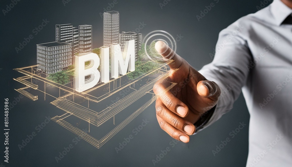 BIM Building Information Modeling concept. Touching on 3D digital model ...