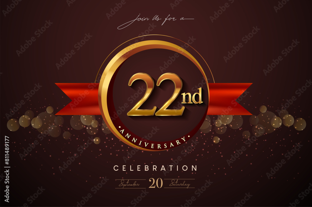 22nd Anniversary Logo With Golden Ring And Red Ribbon Isolated on ...