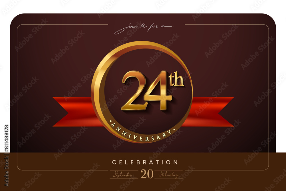24th Anniversary Logo With Golden Ring And Red Ribbon Isolated on ...