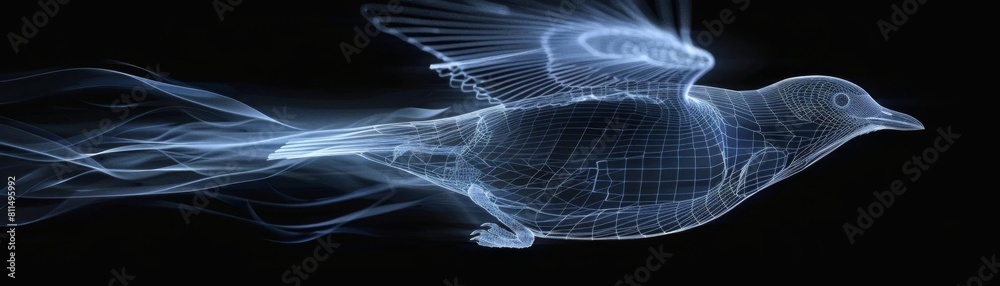 A photograph of a wireframe model of a bird in flight, capturing the ...