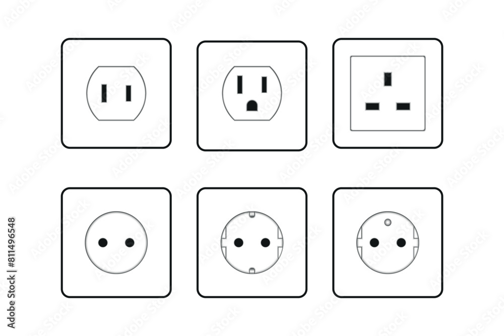 Set of power outlet icons. Type A, B, C, G, E, F outlet icons in white ...