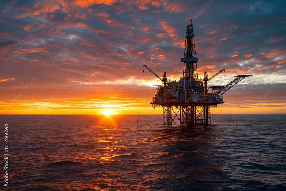 Sunset Over Offshore Oil Rig. Breathtaking sunset casts a golden glow ...