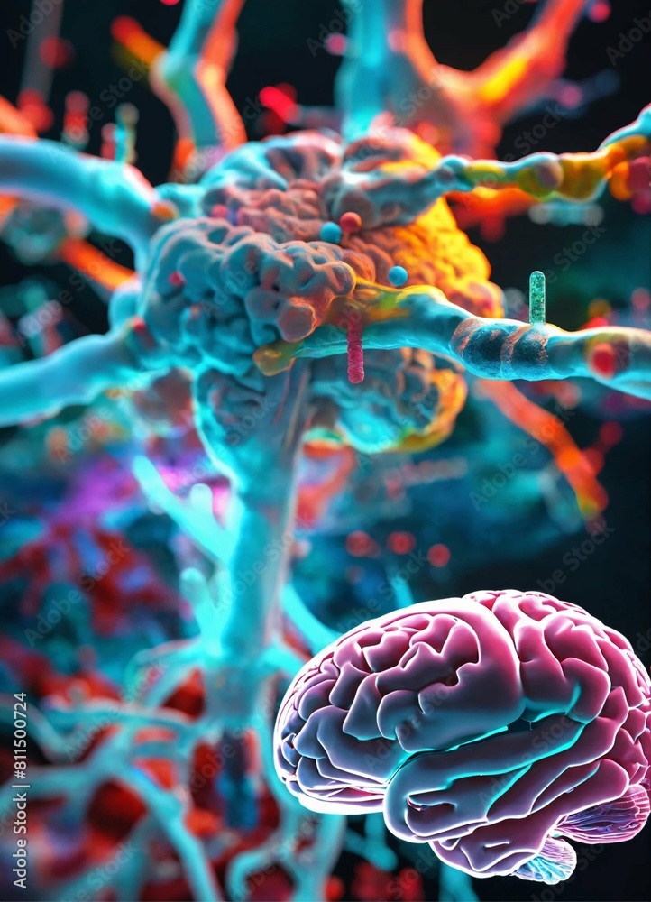 A dopamine molecule a cross-section view of the human brain, with ...