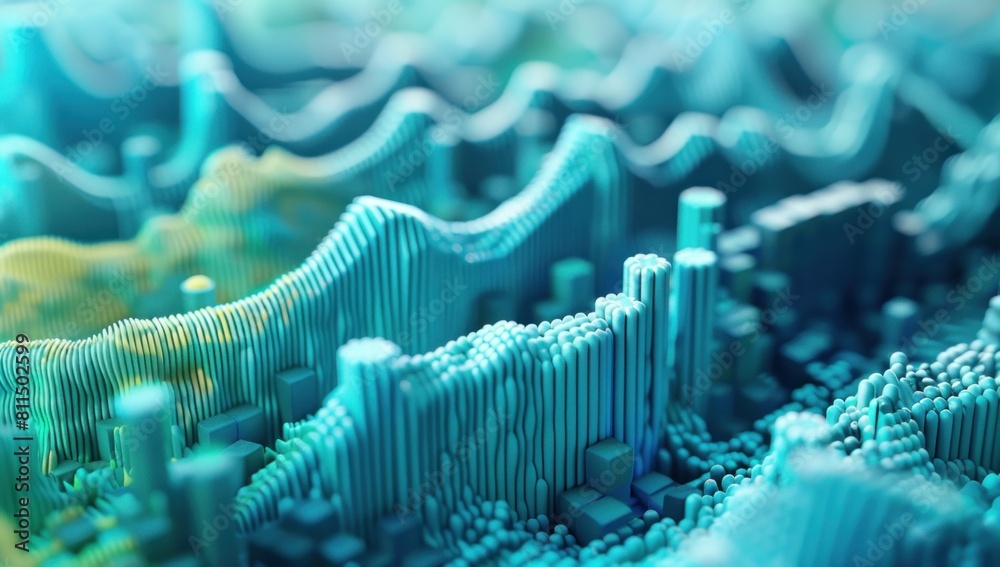 Photograph a futuristic portrayal of a 3D bar graph intertwined with ...