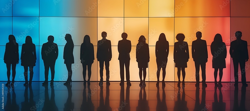 Silhouetted Figures Against Vibrant Gradient Background, Diverse ...