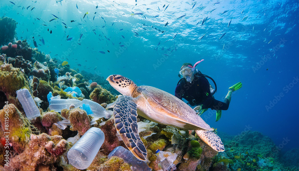 Image of sea turtle swimming in an ocean filled with plastic waste see ...