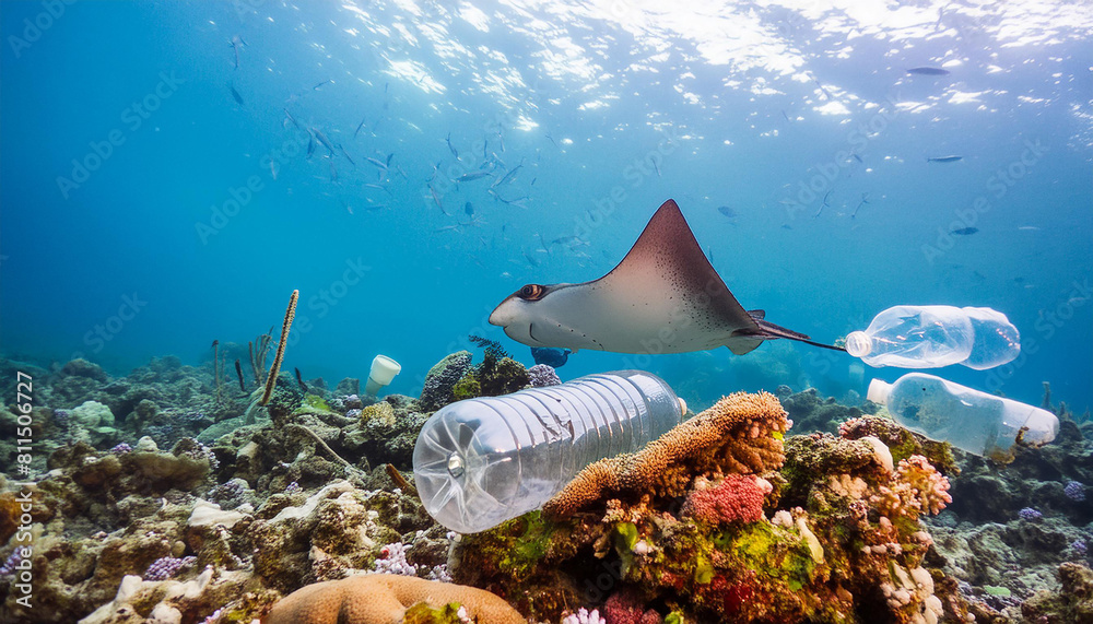 Image of ray swimming fly in an ocean with plastic waste on small fish ...