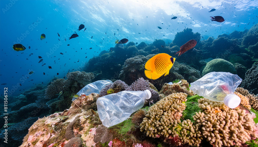 Image of under the sea and coral reefs filled with plastic waste and ...