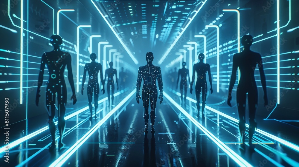 Blue digital world with glowing blue human figures walking Best Job ...