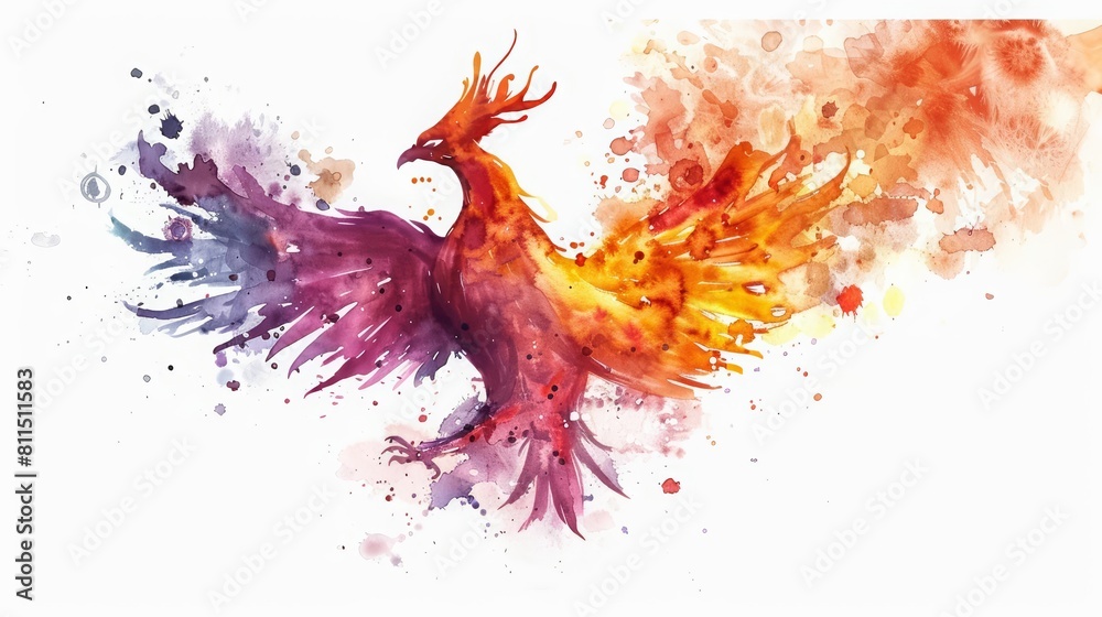 A fantastic watercolor of a mythical phoenix rising from ashes, its ...