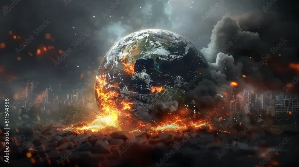 Conceptual Illustration of a Collapsing Earth Globe, Burning and Destroyed by Fire, Symbolizing ...