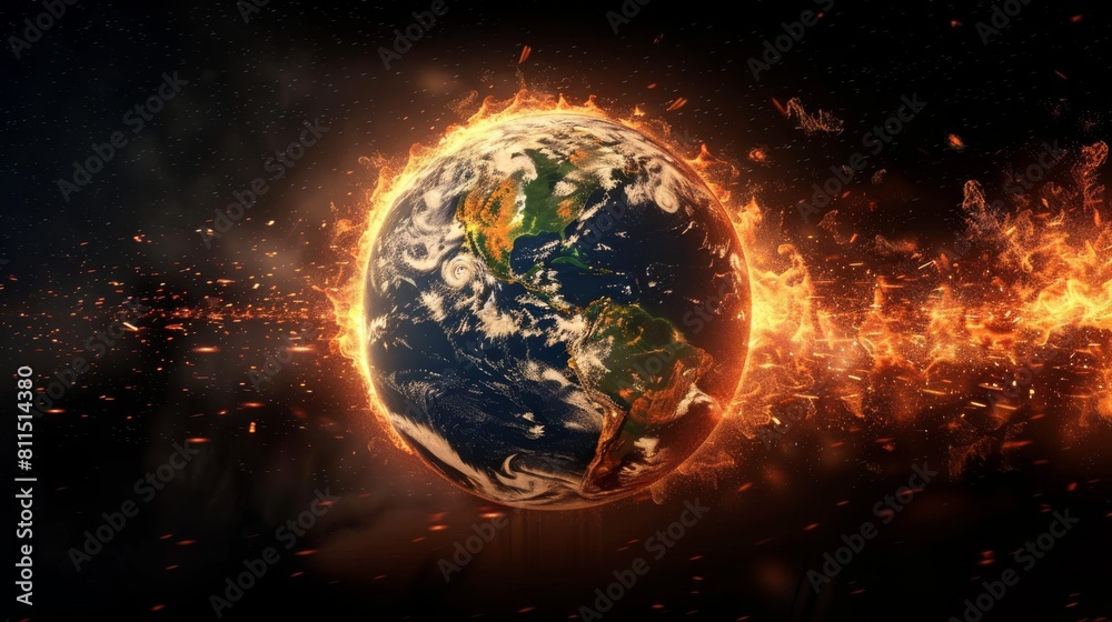 Conceptual Illustration of a Collapsing Earth Globe, Burning and Destroyed by Fire, Symbolizing ...