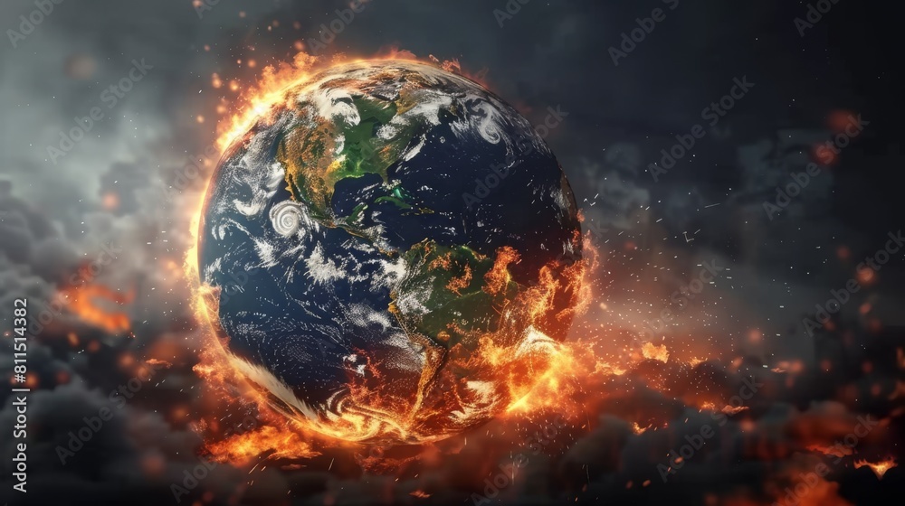 Conceptual Illustration of a Collapsing Earth Globe, Burning and ...