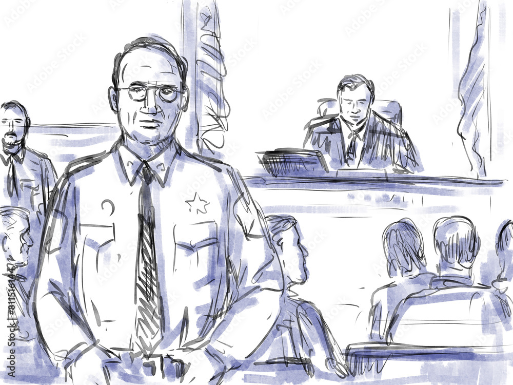 Pastel pencil pen and ink sketch illustration of a courtroom trial ...