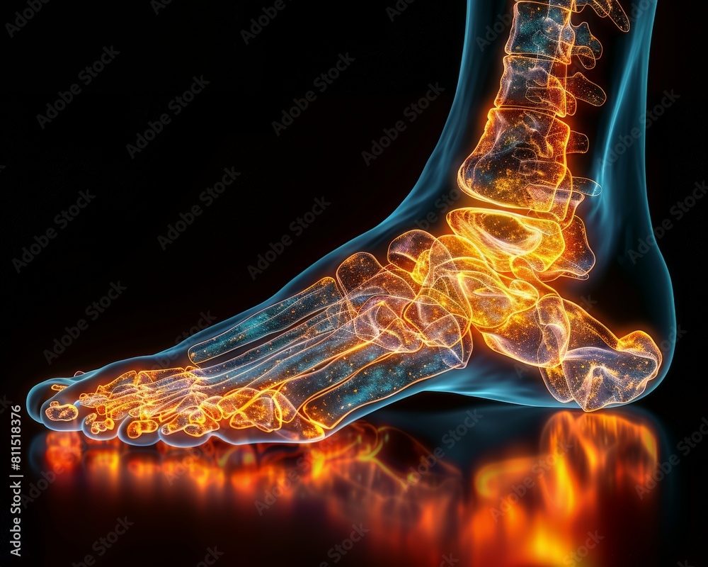 Xray image of a foot with highlighted areas indicating fractures or ...