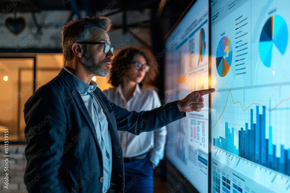 A data analyst explaining key insights to an executive team, pointing ...