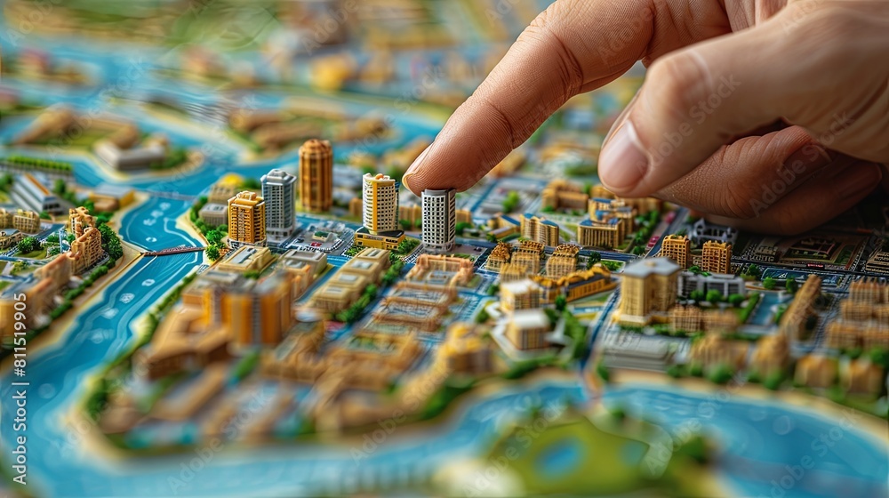 Hand pointing on a planning map indicating future residential ...