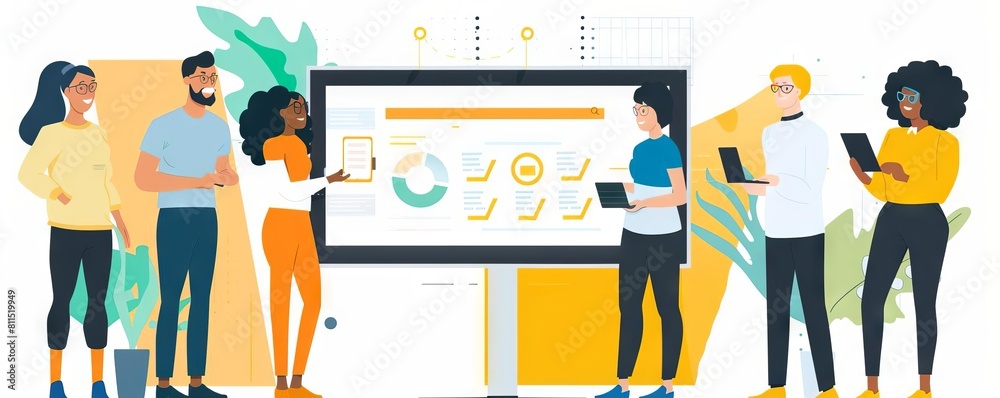 A diverse group of happy customers gathering around a digital screen ...