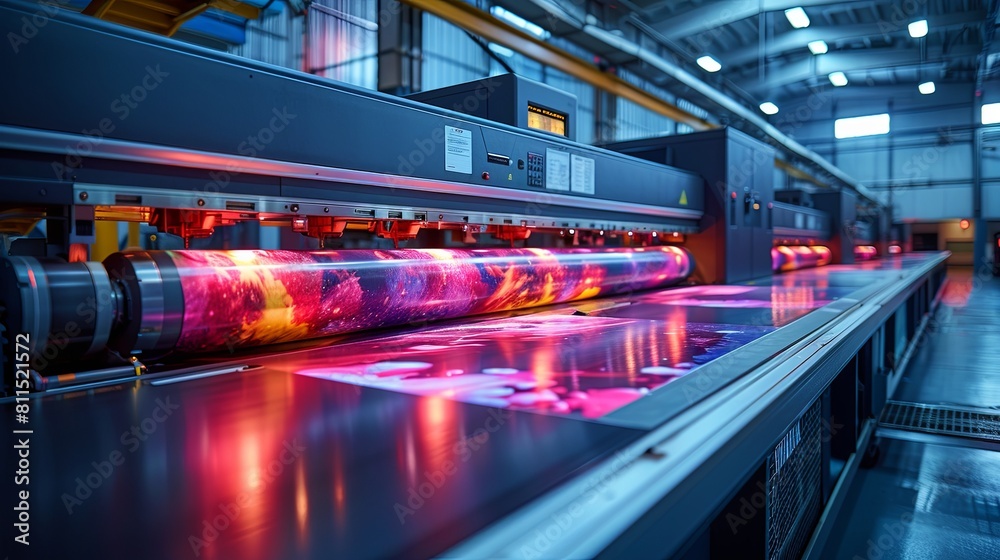 Large, wide digital printer machine in production at a modern print ...
