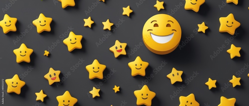 Smiley emoji surrounded by positive symbols, representing feedback ...