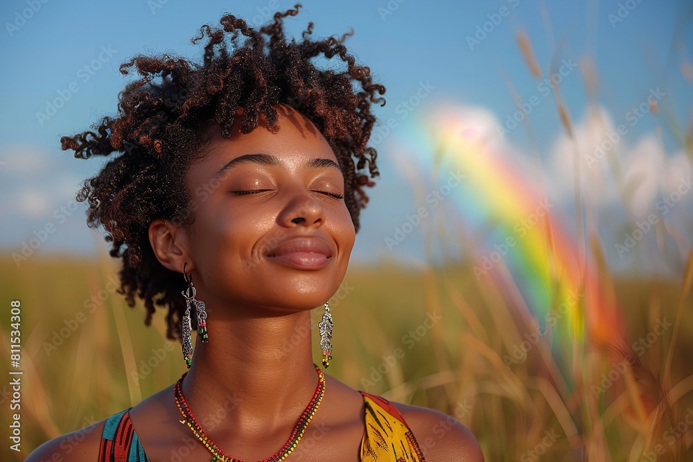 Happy young black woman breathing fresh air outdoors in nature. African ...