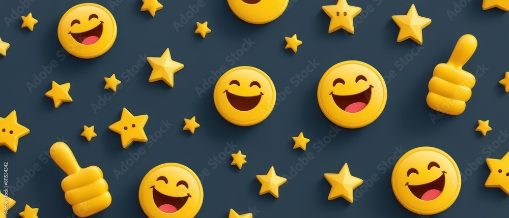 Smiley emoji surrounded by positive symbols, representing feedback ...