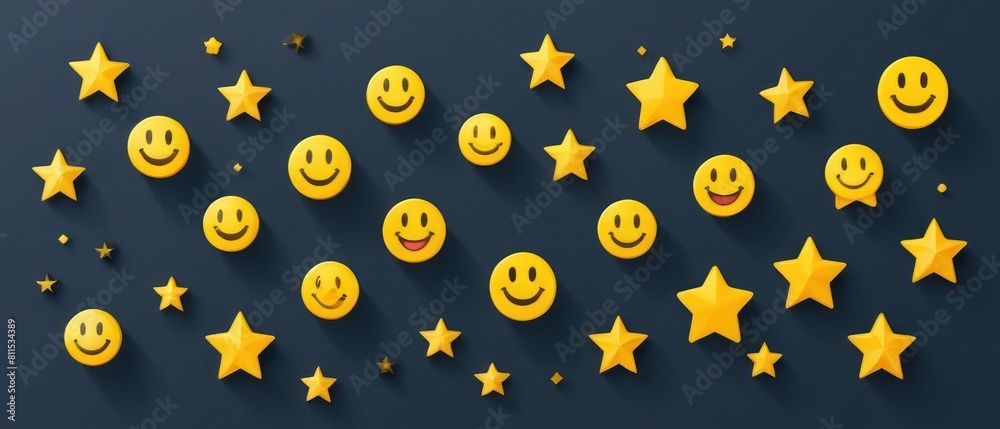 Smiley emoji surrounded by positive symbols, representing feedback ...