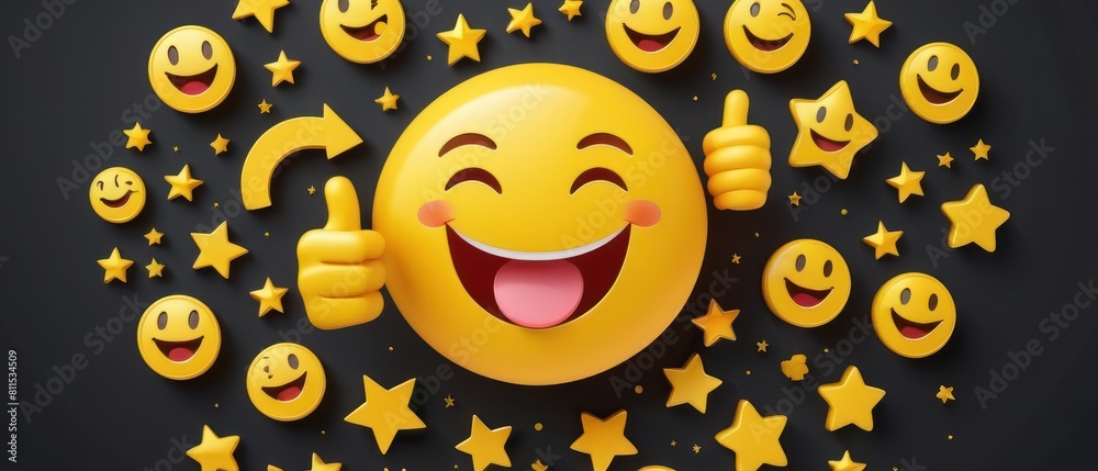 Smiley emoji surrounded by positive symbols, representing feedback ...