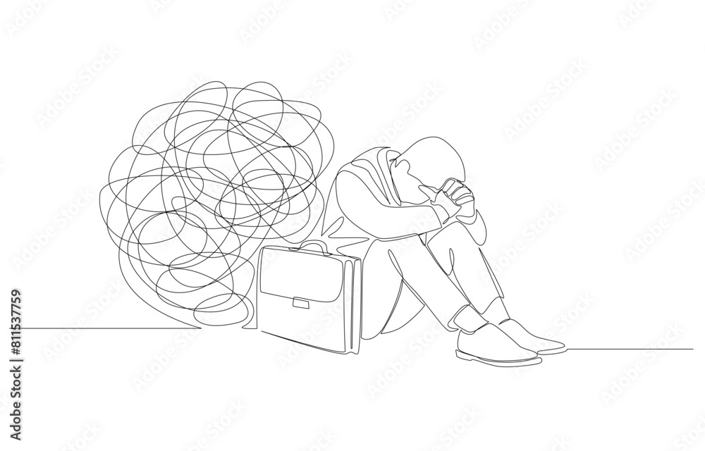 Continuous one line drawing of depressed businessman sitting on the ...