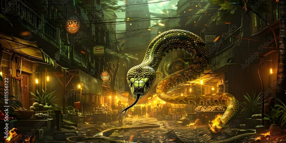 Illustration of a snake slithering through an Indian city street market ...