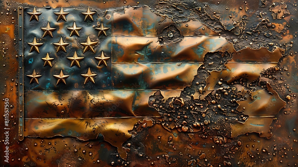 The US flag engraved on a copper plate, with patina accents ...