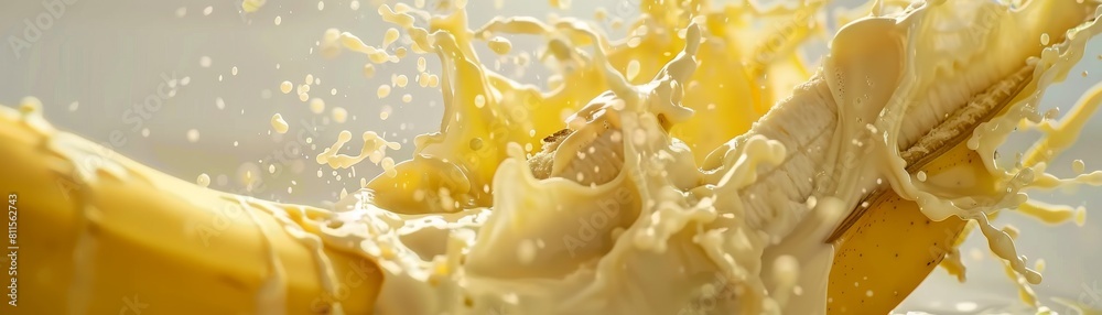 Detailed slow motion footage of banana and milk splashing together ...