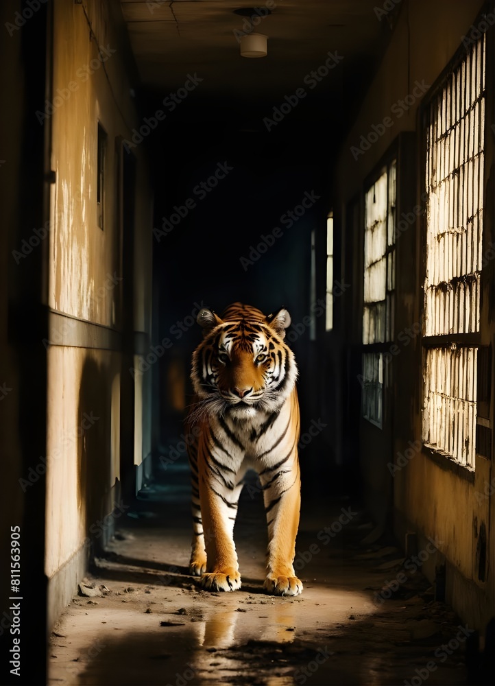 (extreme long shot), profile of a tiger standing at the end of a ...