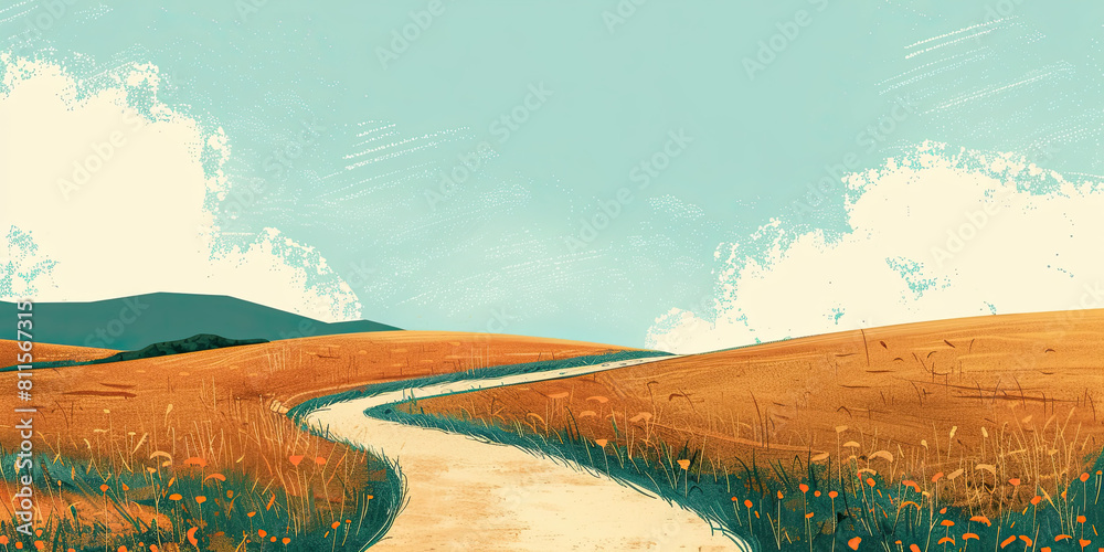 Cartoon style winding path, leading line pathway through beautiful ...