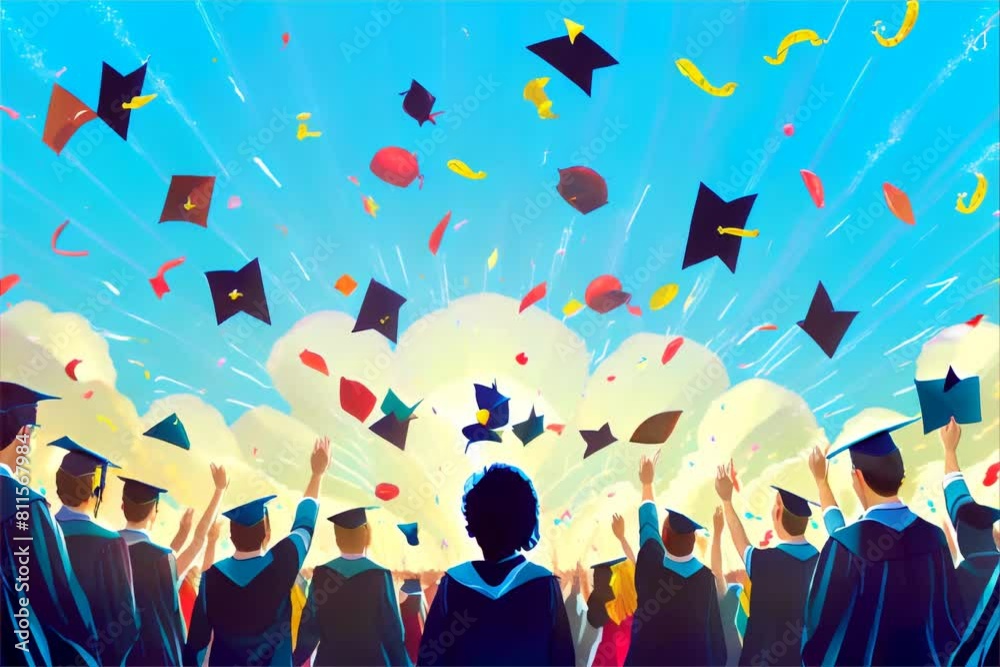 Group of students in gown throwing hats and diplomas in the air for ...