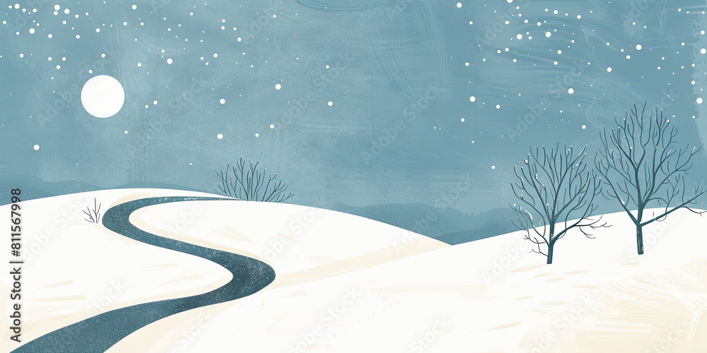 Winter cartoon landscape, snowing scene illustration winding path ...