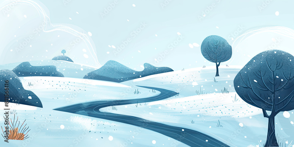Winter cartoon landscape, snowing scene illustration winding path ...