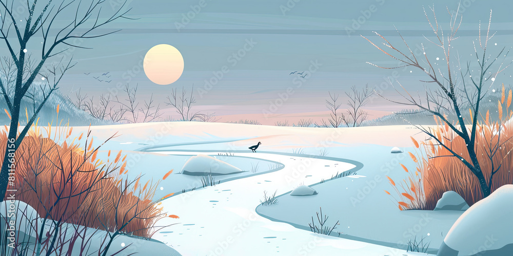 Winter cartoon landscape, snowing scene illustration winding path ...