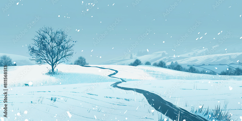 Winter cartoon landscape, snowing scene illustration winding path ...