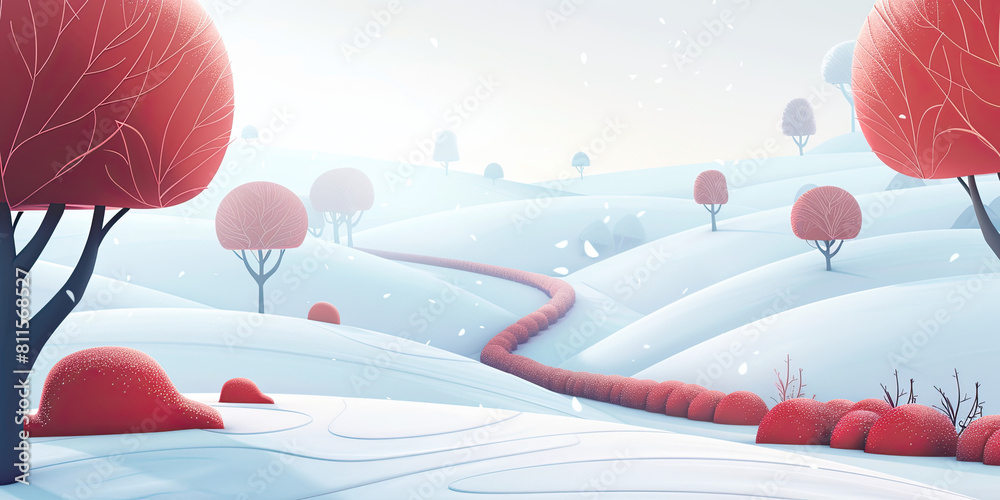 Winter cartoon landscape, snowing scene illustration winding path ...