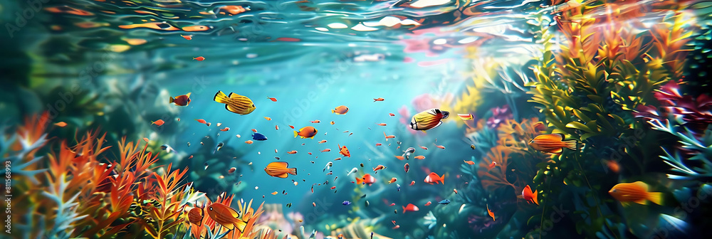 surreal waterworld featuring a variety of colorful fish swimming in a ...