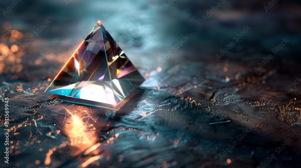 Glass prism triangle on dark background, light dispersion captured ...