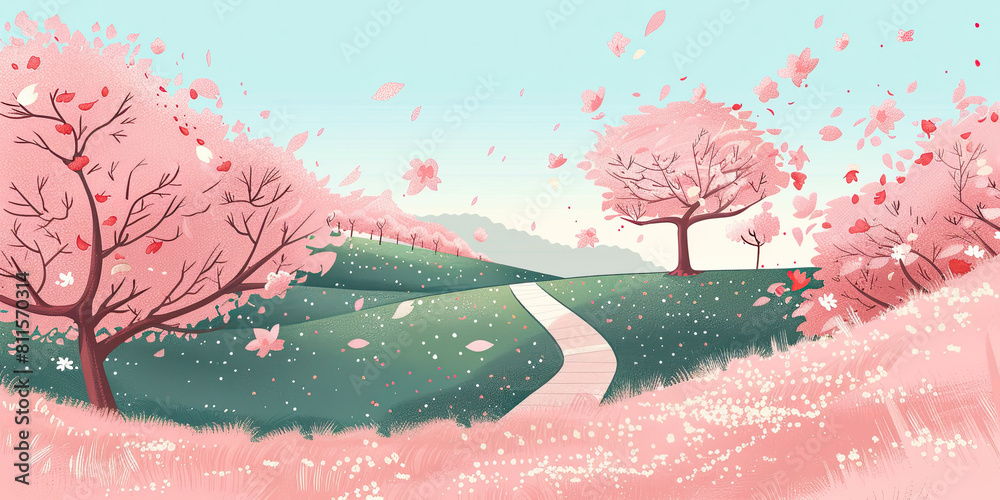 Cherry blossom landscape, cartoon style illustration Japanese scene ...