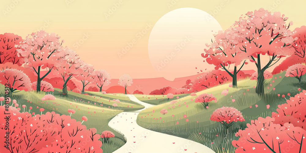 Cherry blossom landscape, cartoon style illustration Japanese scene ...