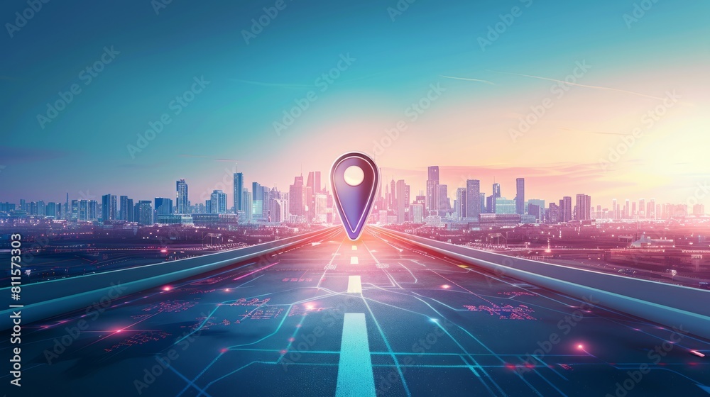 Navigation system route with panoramic city background in digital ...