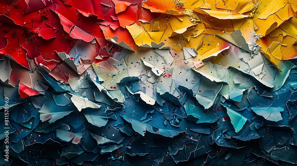 An abstract paper collage representation of the US flag, with ...