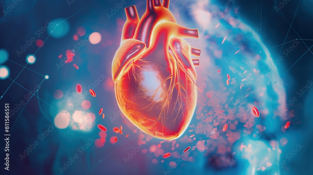 A blue and red image of a human heart with blood cells surrounding it ...