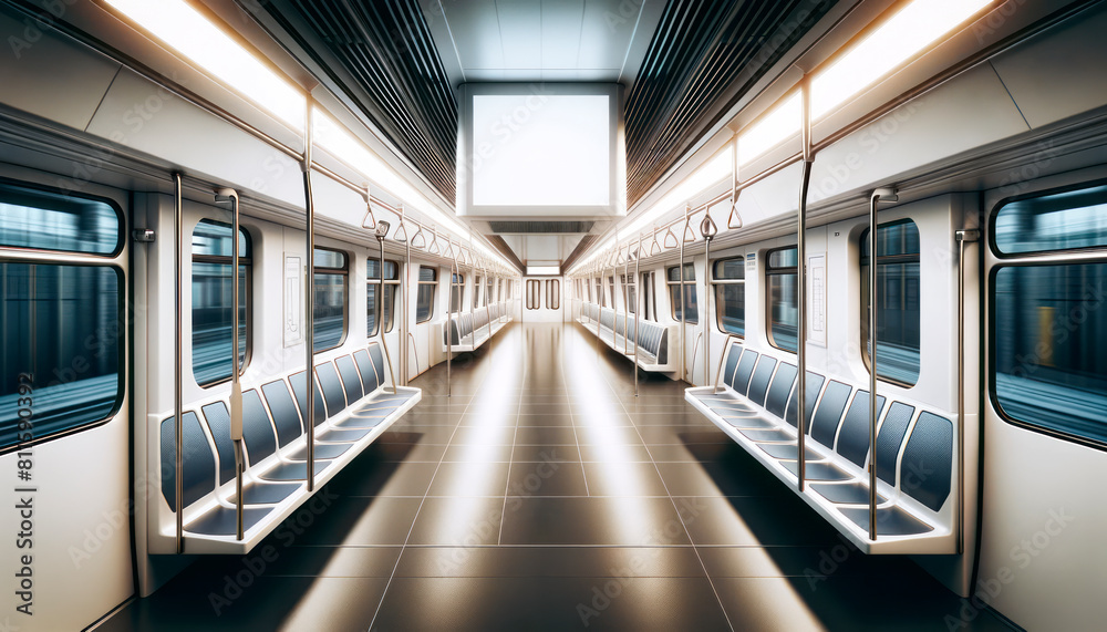 An empty modern subway train interior with a blank advertising ...