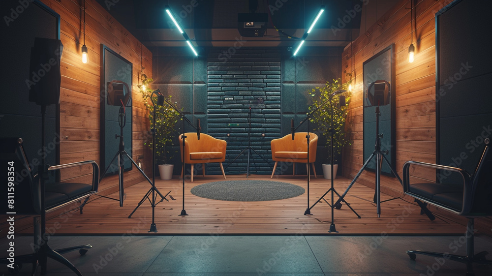 A dreamy photo of an empty podcast studio with microphones and cozy ...